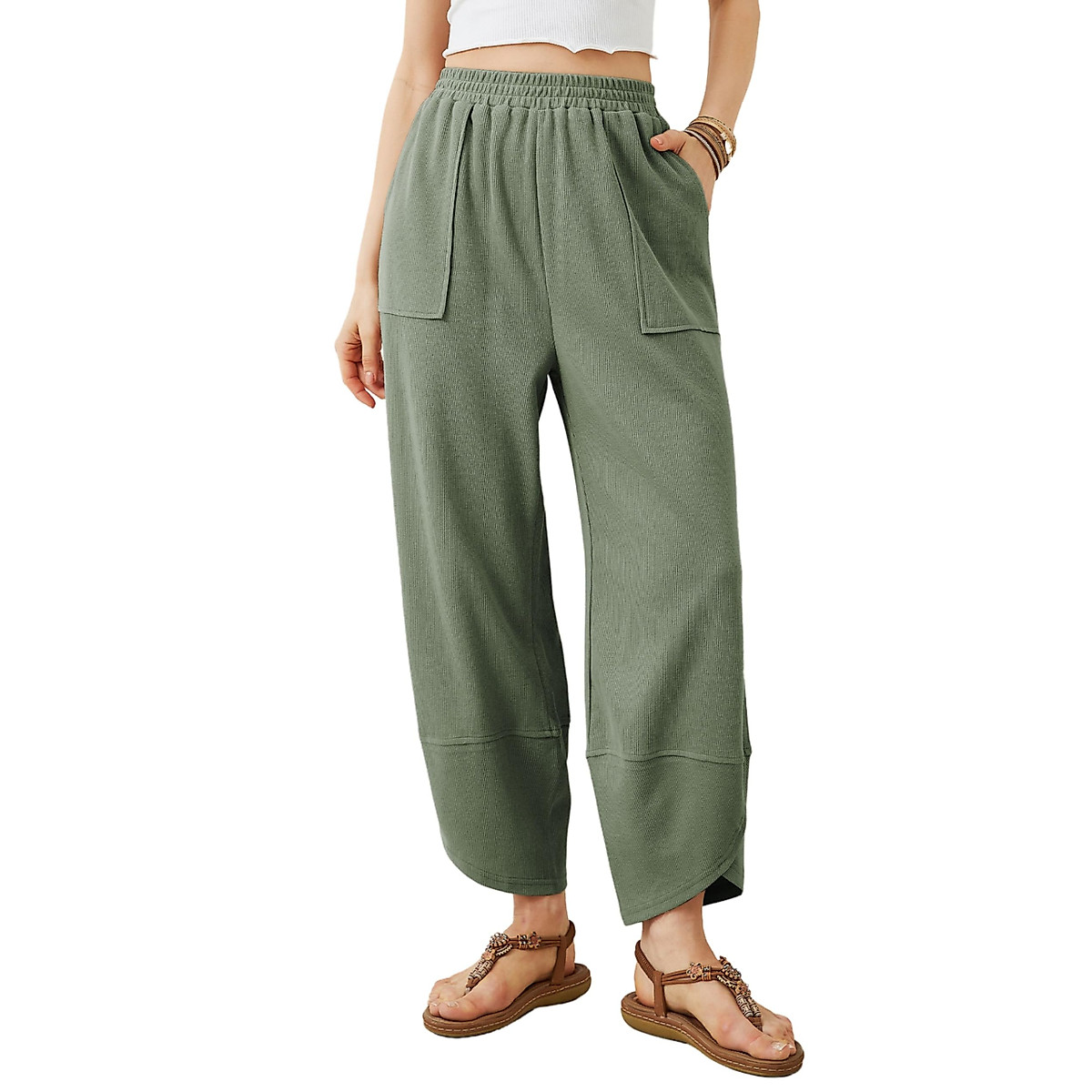 Xiaoxuemeng Womens Baggy Wide Leg Pants Casual Elastic Waisted Palazzo Harem Pants with Pockets (Green-M)