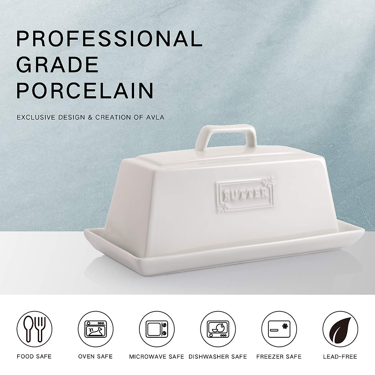 AVLA 2 Pack Porcelain Butter Dish with Lids, 7.6" Rectangle Ceramic Butter Keeper for Countertop, Covered Butter Tray Holder For Butter Storage, Holds 1 Stick, White