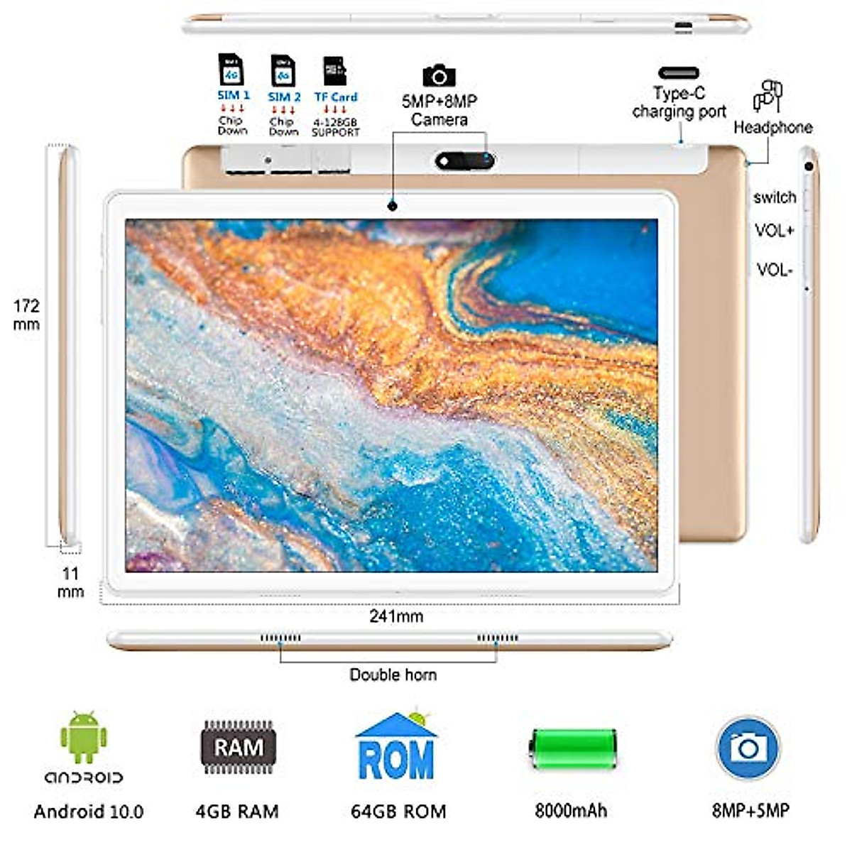 DUODUOGO Android 10 Tablet SIM 4G LTE Dual SIM+ 5G WiFi Cellular GMS Tablets, Quad-Core 4GB RAM 64GB ROM, SD-128GB,Storage Quad-Core Processor,13MP Camera,Bluetooth, 4G Wi-Fi, GPS,HD 10.1 Inch Tablet