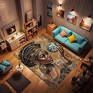 LUCKYLEI Black African Woman Aboriginal Headdress Art Rug, Native American Indian Girl Wearing Ethnic Headdress, African Woman Folk Art Element Indigenous Lady Tribal Gesture, Light Brown 24x36inch