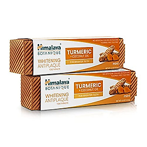 Himalaya Botanique Whitening Antiplaque Toothpaste with Turmeric + Coconut Oil, Fluoride Free, for Brighter Teeth, 4 oz, 2 Pack