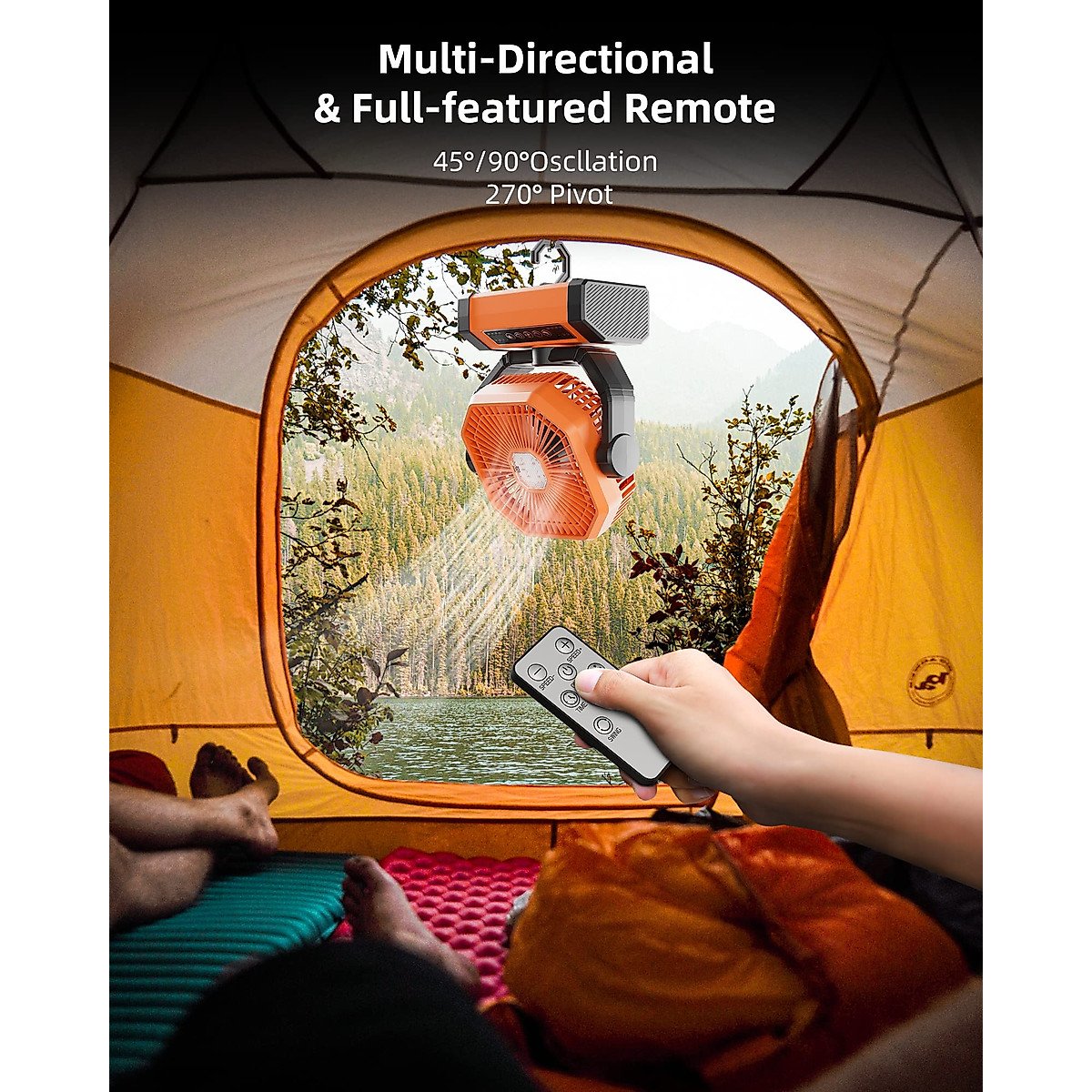 MORIKO 20000mAh Camping Fan with LED Light, Rechargeable Battery Operated Fan with Remote & Hook, 270° Pivot, 4 Powerful Speeds, Quiet Portable Outdoor Fan for Tent Picnic, Beach, BBQ, Jobsite