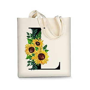 AUSVKAI Canvas Tote Bag Aesthetic for Women, Cute Sunflower Initial Trendy Monogram Personalized Initial Birthday Reusable Cloth Cotton Bags with Handle for Grocery School Shopping Beach