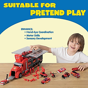 JOYIN 25 in 1 Fire Truck Vehicle Toy Set with Sounds and Lights, Fire Engine Vehicles in Carrier Truck, Mini Rescue Emergency Fire Truck Car Toy, Birthday Gifts for Over 3 Years Old Boys