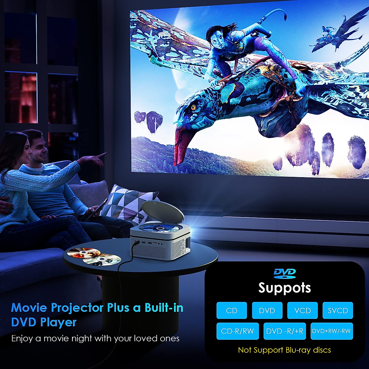 5G WiFi Projector Built in DVD Player with Bluetooth - OSQ Mini Portable DVD Projector 1080P Support, Outdoor Movie Projector with Carry Bag, Compatible with TV/HDMI/USB/iOS/Android