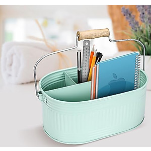 Alpha Living Home Farmhouse Utensil Caddy Carry-All Serveware-Galvanized Metal Organizer for Kitchen Counter-Comfort Wooden Handle In/Outdoor Storage For Flatware,Condiments,Party Cutlery,Arts-TEAL