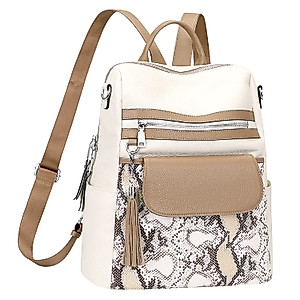 ALTOSY Genuine Leather Backpack Purse for Women Large Convertible Shoulder bag Ladies Crossdody Bag with Tassel(S115 White/Dark Khaki/Gold Python)