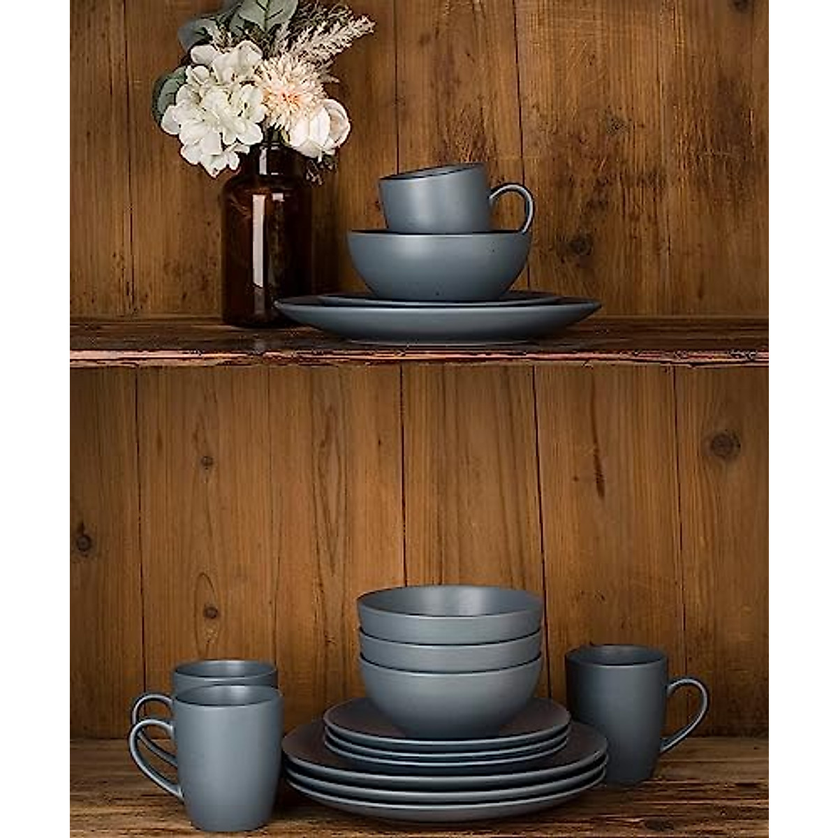 Famiware 16 Piece Moon Dinnerware Sets, Kitchen Plates and Bowls Set for 4, Dish Set with Speckled Design, Microwave and Dishwasher Safe, Charcoal