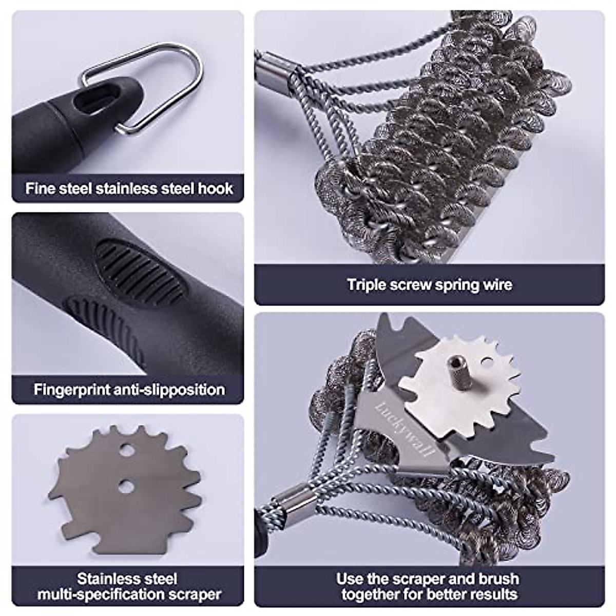 Luckywall Stainless BBQ Grill Brush Set with Scraper and Cleaning Accessories for Outdoor Barbecue -Bristle Free and Safe for Grill Grates， Perfect Grilling Gifts for Men