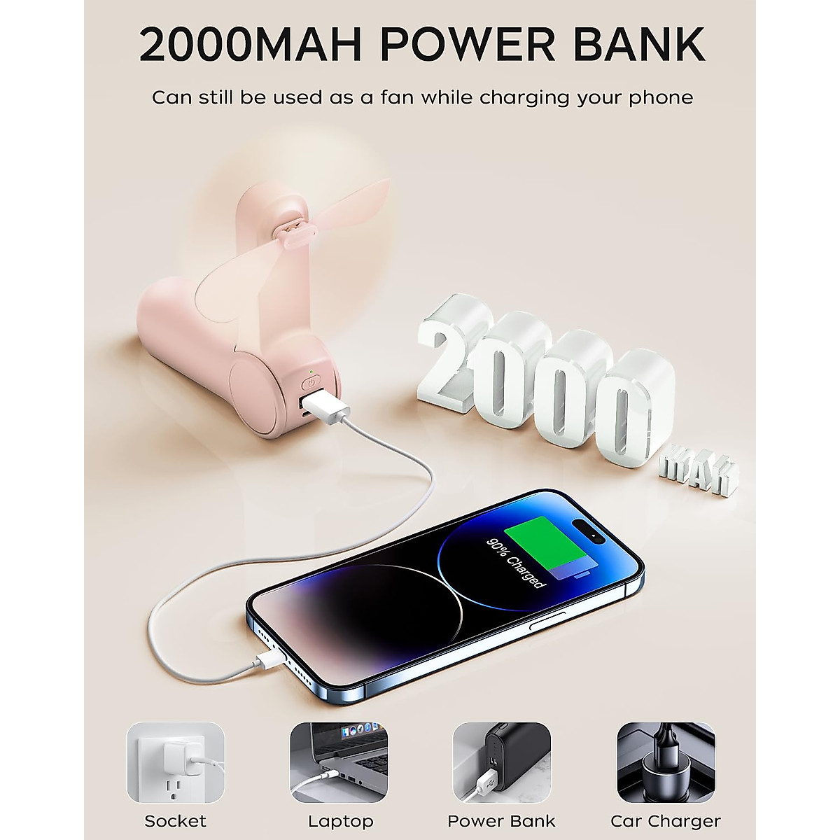 FrSara Portable Handheld Fan Rechargeable, USB Rechargeable Small Pocket Fan, 2000mAh Battery With Power Bank, Upgraded Long Battery Life, Three-Speed, Suitable for Women Outdoors and Travel