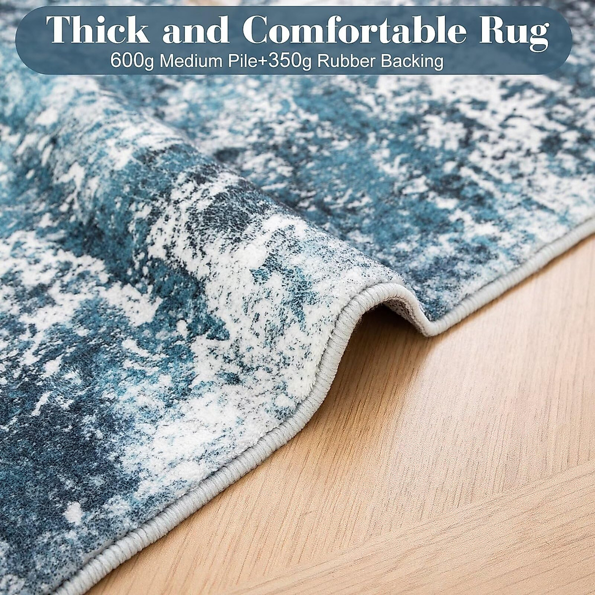 nusoarug 5x7 Modern Thick Pile Area Rug Machine Washable, 5' x 7' Carpet Abstract Non-Slip Area Rugs with Rubber Backing for Bedroom Kitchen Entryway Living Room Bathroom, Blue Rug