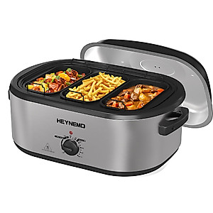 Roaster Oven 24QT, Electric Roaster Pan with 3 Compartments and Self-Basting Lid, Large Stainless Steel Electric Turkey Roaster Oven Defrost Warm Function, Removable Pan Rack, Fits Turkeys Up to 28LB