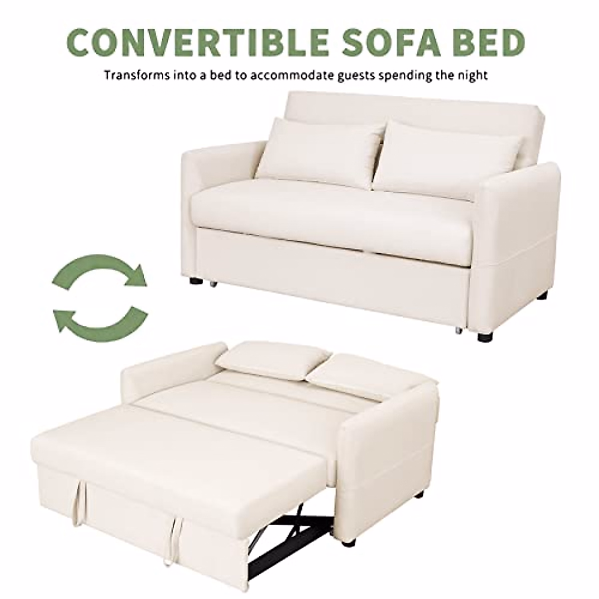 Aoowow Convertible Sleeper Sofa Bed 57 Inches, Velvet 2 Seats Sofa with Pull Out Bed,Loveseat Sofa Couch with Adjustable Backrest, 2 Pillows Side Pocket for Living Room Small Apartment (Beige)