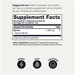 Toniiq 1300mg Glycine Supplements - 4 Month Supply - Min. 98.5%+ Tested Purity - Ultra High Strength and Bioavailable Glycine Powder Supplement - 240 Vegetarian Glycine Capsules - 120 Servings