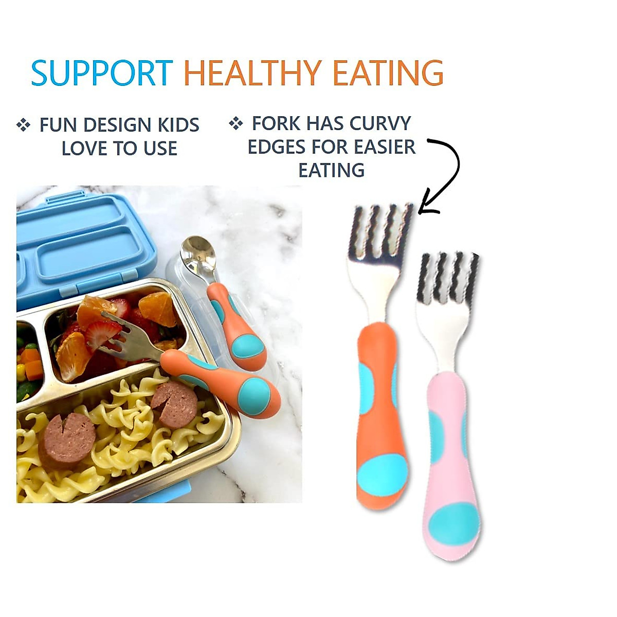 Toddler Silverware, Kids Utensils, Stainless Steel Forks Spoons Set with Travel Case for 1 2 3 4 year old. Metal Cutlery for Children, Girls Boys Baby, Round Handle 8 Pieces (4 sets) Pink Blue, Orange
