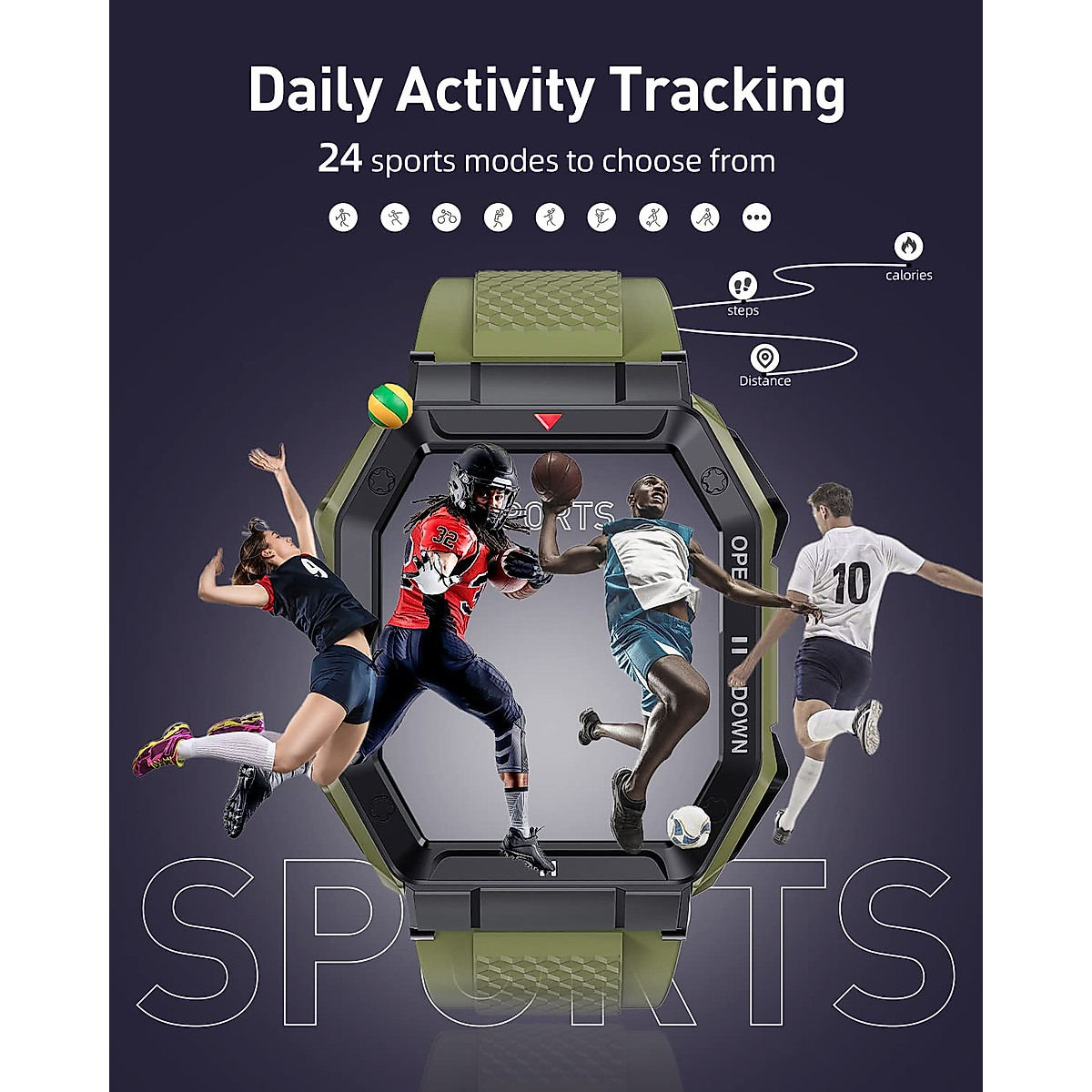 PODOEIL Smart Watch with 1.85'' HD Screen, Fitness Tracker/Bluetooth Call/Sports Mode, Men's Tactical Smart Watches for iOS Android Samsung