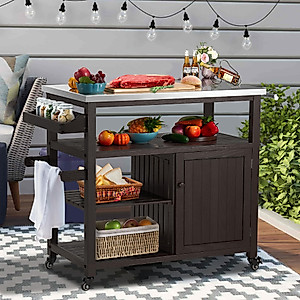 AHB Outdoor Grill Table Solid Wood Storage Cabinet, Rolling Kitchen Island, Movable Bar Cart with Stainless Steel Top for Outside Patio, Backyard, Garden (Brown)