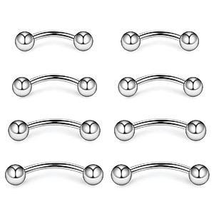 Ruifan 4prs(8pcs) Eyebrow Piercing Jewelry Curved Barbell with Ball Kit Eyebrow Tragus Lip Ring 16g 16 gauge 6mm/8mm/10mm/12mm(Steel)