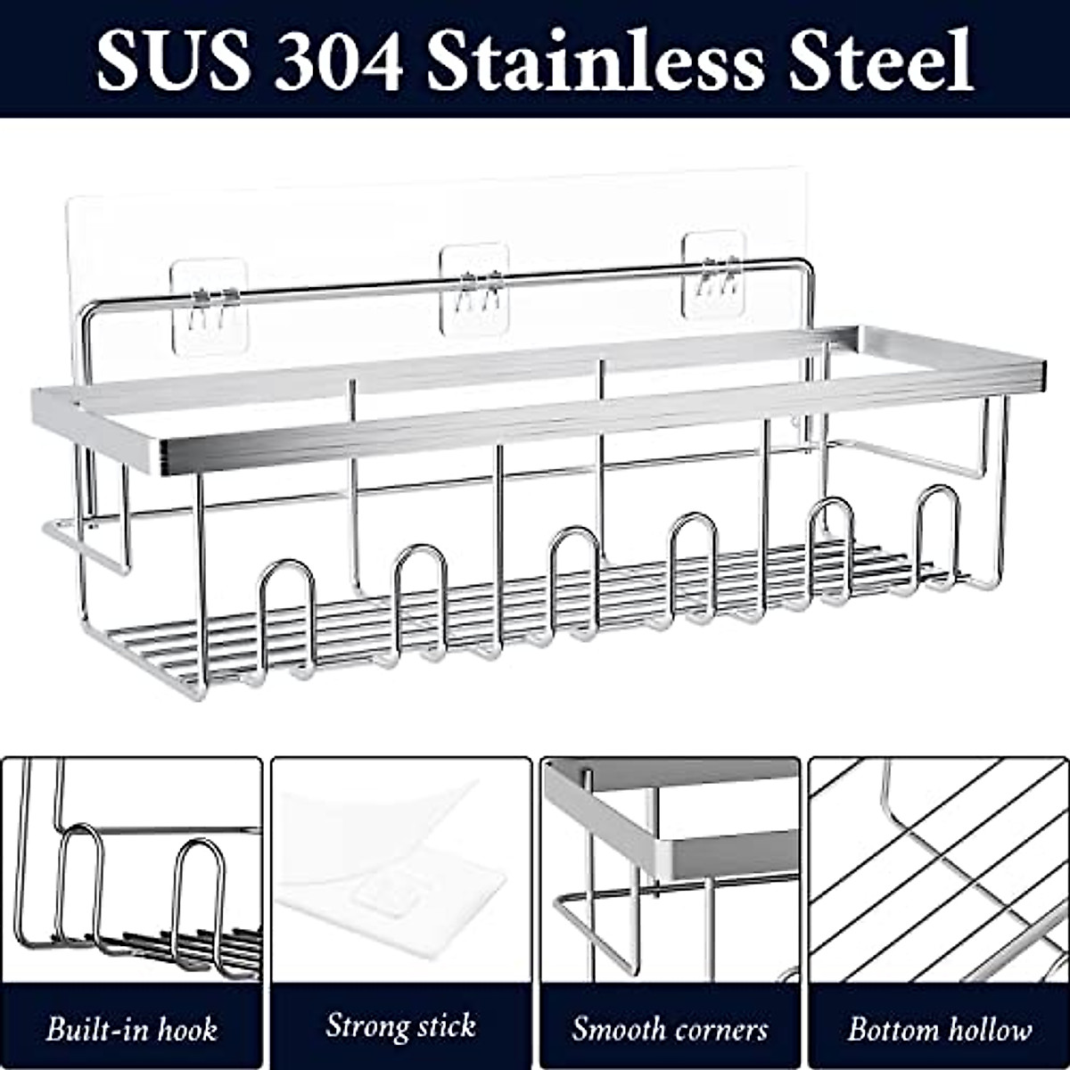 304 Stainless Steel Rustproof Shower Caddy Basket , Adhesive Shower Shelves, No Drilling Wall Mounted Adhesive Bathroom Storage Organizer, Shower Caddy Bathroom Shelf for Shampoo Conditioner Razor