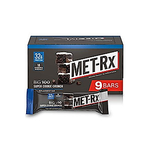 MET-Rx Big 100 Protein Bar, Meal Replacement Bar, 32G Protein, Super Cookie Crunch, 9 Bars (Pack of 1)