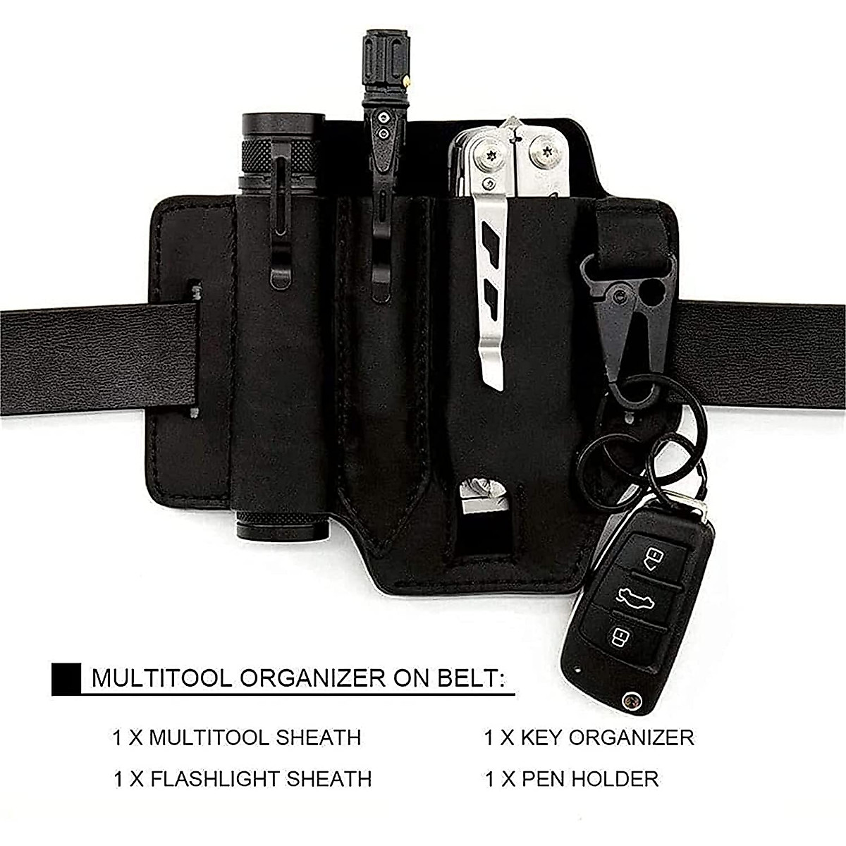 Leather Multi Tool Sheath Pocket Organizer,Multi-Function Tool Sheath for Belt, with Pen Holder, Key Chain, Flashlight Sheath.Everyday Carry (Brown)