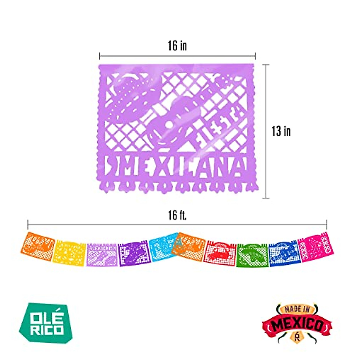 OLÉ RICO - Mariachi Banner, Plastic Papel Picado Banner, Mexican Party Banner, Mexican Themed Party Decorations, Fiesta Party Decorations, Authentic Mexican Decorations, 16 x 13 in 16 ft. Long, 10 Count (Pack of 10)