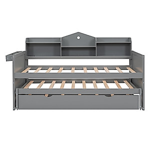 Flieks Wooden Daybed, Twin XL Bed Frame with 2 Twin Trundles, Storage Shelf, and USB Charging Ports, Wood Slat Support, No Box Spring Needed, Easy Assembly, Grey
