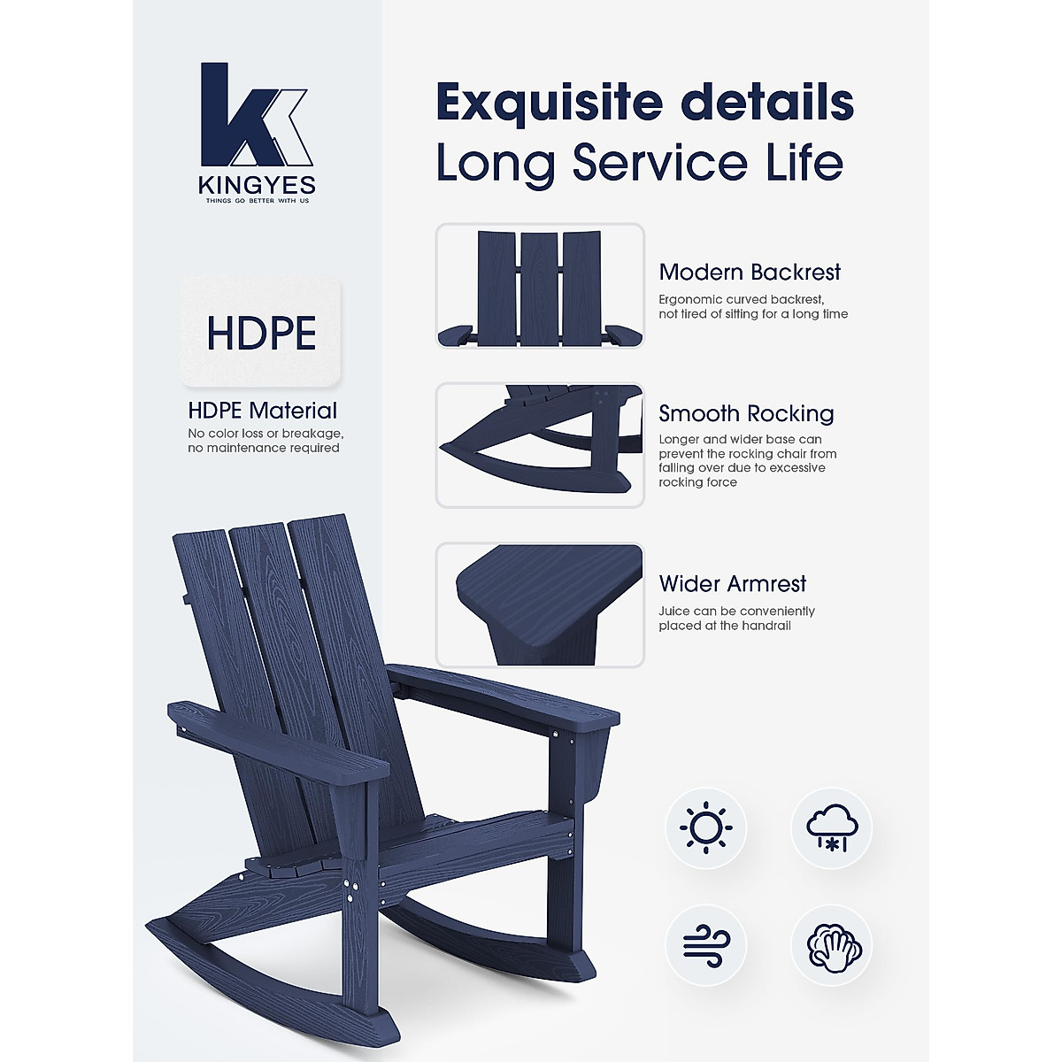 KINGYES Modern Rocking Adirondack Chair, Outdoor Rocking Chair for Patio, Garden, Backyard- Blue