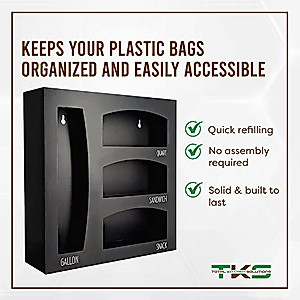 Ziplock Bag Organizer, Bamboo Kitchen Drawer Organizer, Drawer Divider for Snack, Sandwich & Gallon Bags, Kitchen Organizer with 60 Zip Lock Bags, 12x12 inch Box, Black -Total Kitchen Solutions