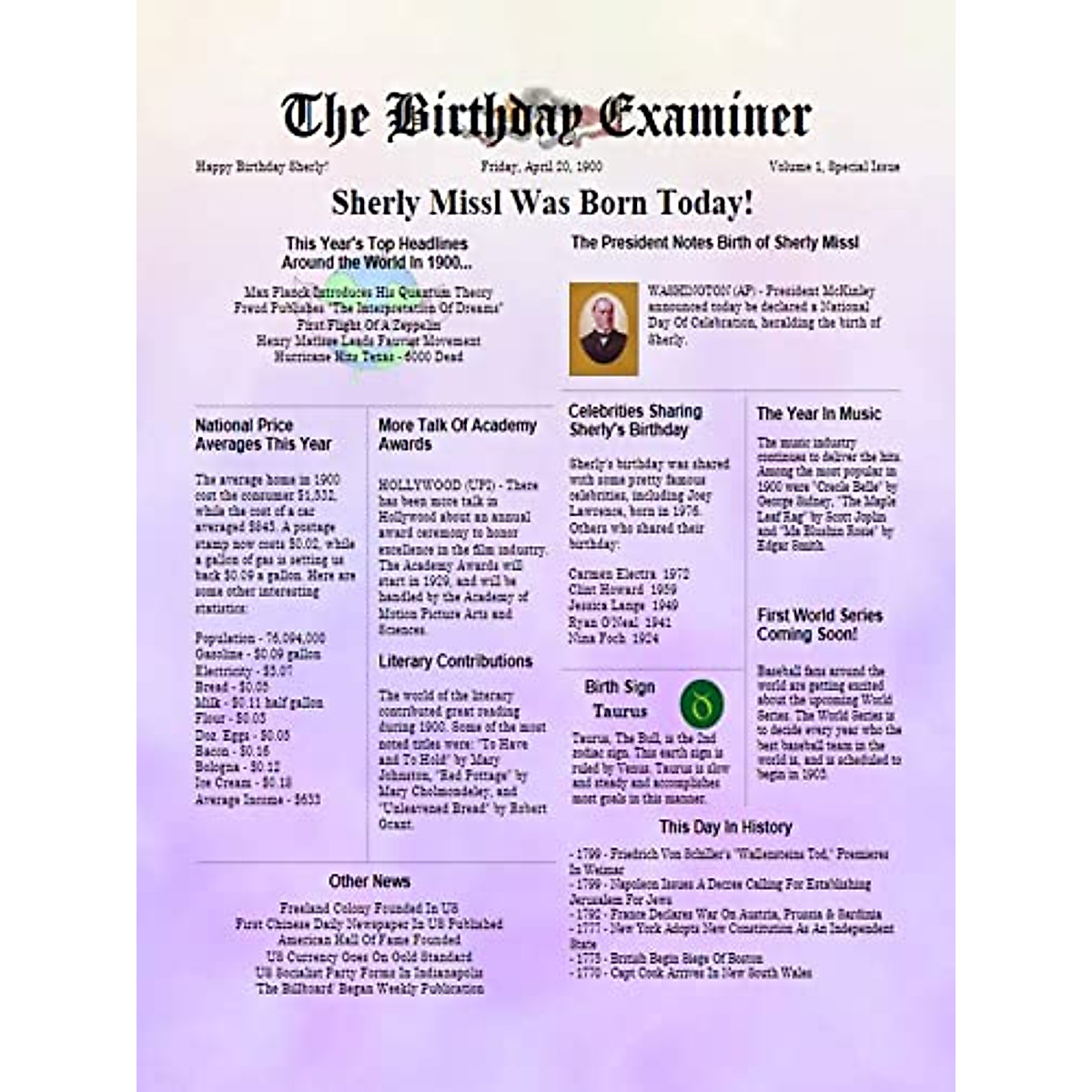 Historical Customized Personal Birthday Examiner Newspaper Chronical Art Print for the Day You Were Born from 1900 to 2020 (Heavenly Light)