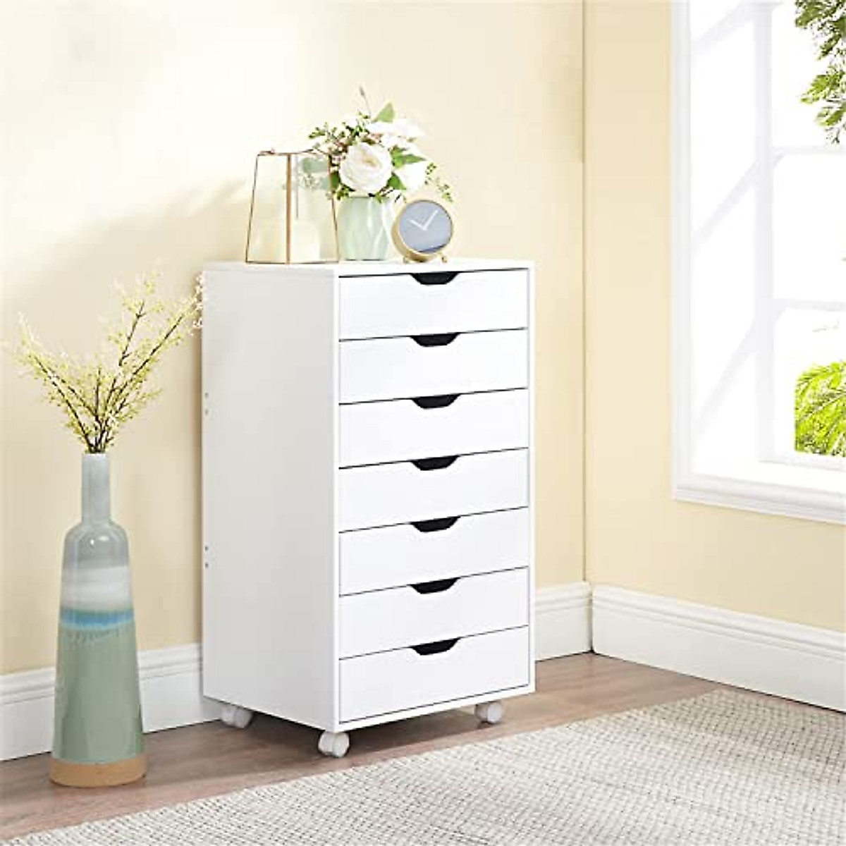 Naomi Home 7 Drawer Dresser, Tall Dressers for Bedroom, Kids Dresser with Wheels, Durable Storage Drawers, Small Dresser for Closet, Makeup Dresser with 180 lbs Capacity - White