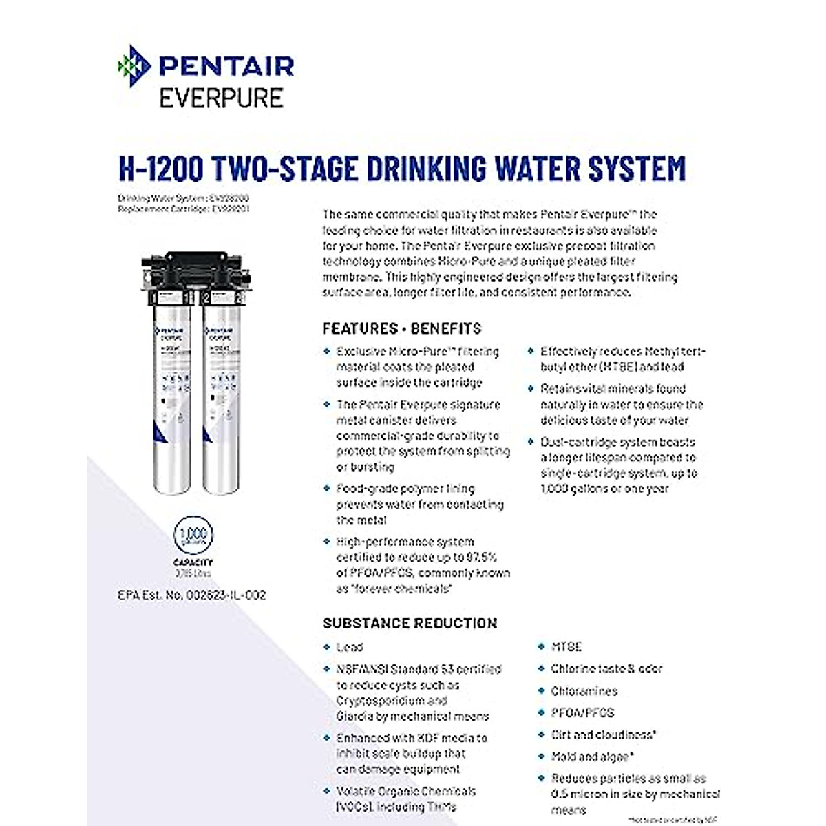 Pentair Everpure H-1200 Quick-Change Filter Cartridge Set, EV928201, Replacement Twin Pack for Use in Everpure H-1200 Drinking Water System, 1,000 Gallon Capacity, 0.5 Micron
