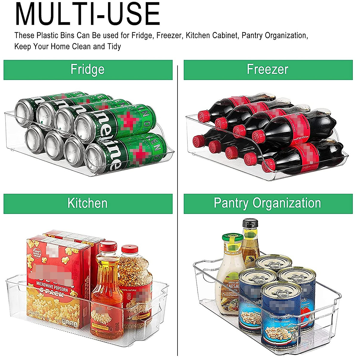 Plastic Refrigerator Organizer Bins, 7 Packs Refrigerator Organizer Bins 2 Large&4 Medium Food Storage Bins and 1 Egg Holder for Freezer, Kitchen Cabinet, Pantry Organization and Storage, BPA Free