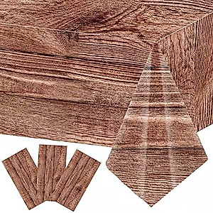 3 Pieces Wood Grain Tablecloth Brown Wood Plastic Table Cover Rectangular Table Decoration for Kitchen Dining Room, Barbecue Thanksgiving Fall Autumn Party