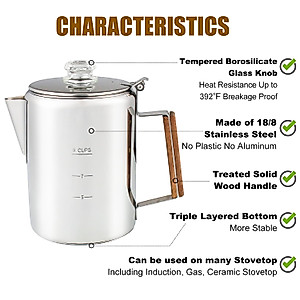 APOXCON Multi Use Coffee Percolator Using On Indoor Induction Cooktop, Electric Stove, Outdoor Campfire Stovetop, Camping Coffee Pot with Glass Knob Top 9 Cup