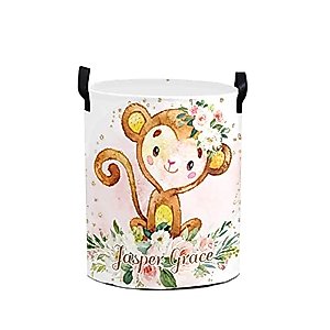 Cute Monkey Pink Floral Personalized Laundry Basket Clothes Hamper with Handles Waterproof,Custom Collapsible Laundry Storage Baskets for Bedroom,Bathroom Decorative Large Capacity