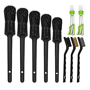 10PCS Car Detailing Kit Set, Auto Interior Cleaning Wire Brush Set, Boar Hair Duster Brushes for Cleaning Car Interior Exterior, Wheels, Dashboard, Air Conditioner, Engines, Leather (Black)