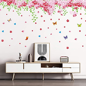 RW-239 Pink Flowers Wall Decals 3D Warm Peach Blossom Wall Stickers DIY Removable Butterfly Cherry Floral Green Tree Leaf Wall Art Decor for Kids Girls Bedroom Living Room Nursery Decoration
