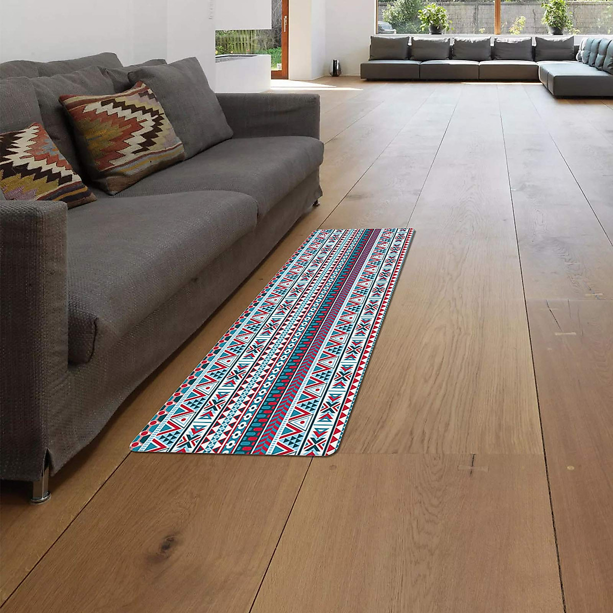 Native American Kitchen Rugs Set 2 Piece 15.7x23.6in+15.7x47.2in, Non-Slip Kitchen Mats Set Rubber Backing Indoor Entry Door Mat Carpets - Geometric Triangle Aztec Tribal Ethnic Style