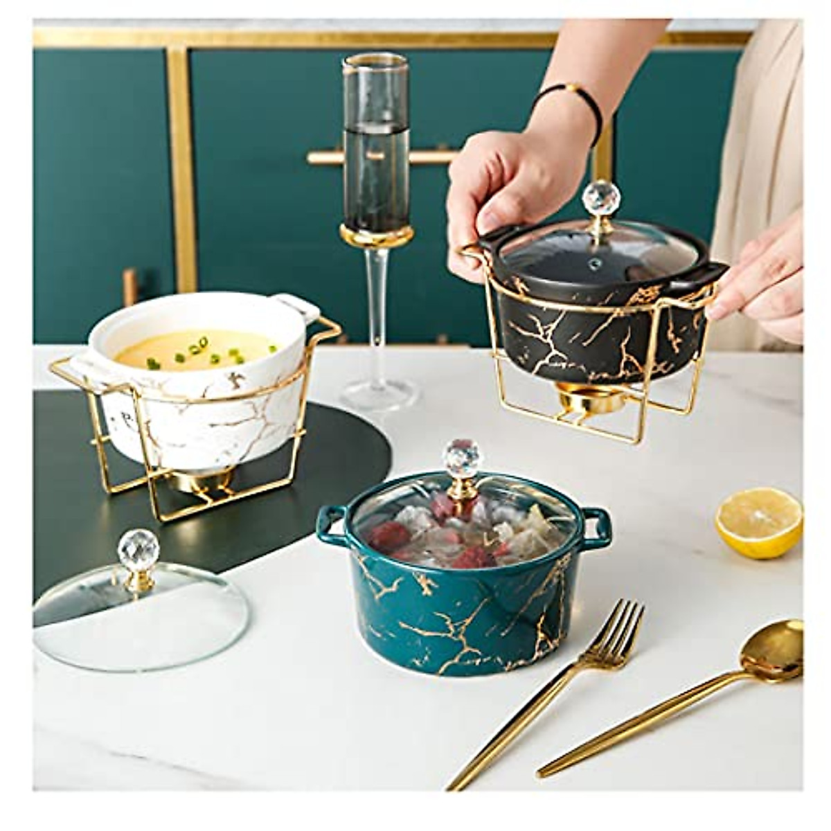 Buffet Warmer Set with Glass Lid - 2 Quart Round Chafing Dish Buffet Set, Ceramic Marble Finish Chafer for Weddings, Parties and Banquets - Perfect for Your Catering Needs