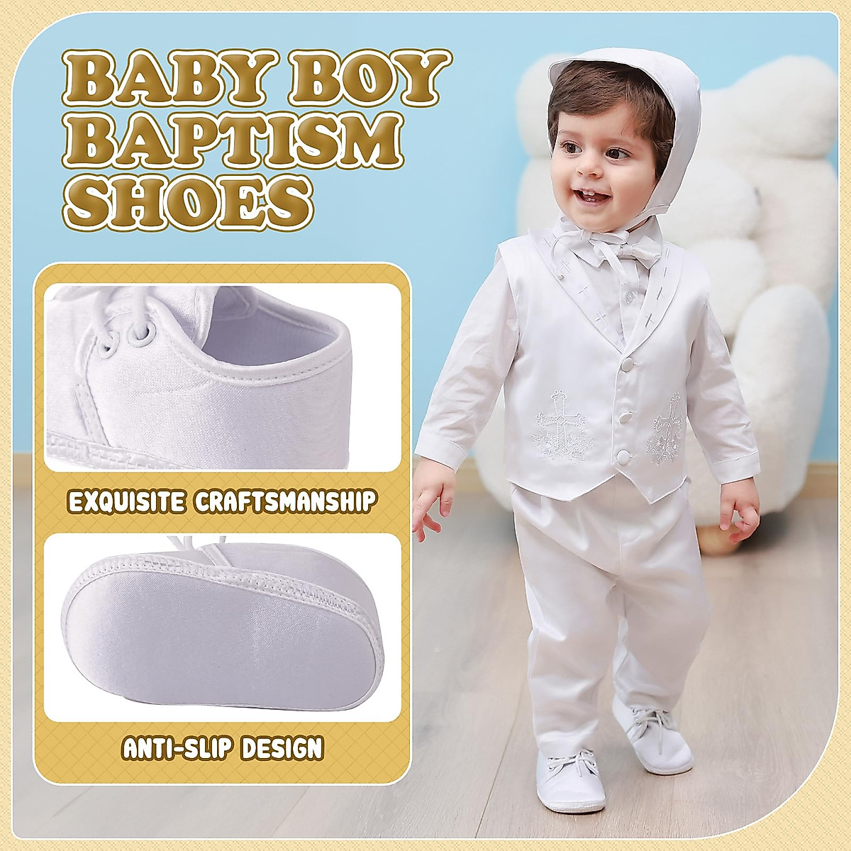 Booulfi Baby Boy Shoes 0-3 Months Walking White Infant Newborn Shoes Booties Easter Baptism Christening Outfits Gifts for Boys Girls