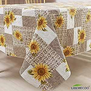 LIBERECOO Vinyl Tablecloth Flannel Backed Stain-Resistant PVC Table Cloth Waterproof Oil-Proof Wipeable Indoor/Outdoor Picnic, BBQ and Dining Table Cover(60 x 84 Inch, Sunflower)