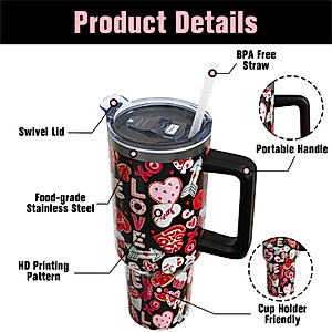 owbgsdh 40 oz Heart Tumblers with Handle and Straw, Heart 40oz Stainless Steel Vacuum Insulated Travel Coffee Mug Cup Water Bottle, Stuff Accessories Gifts for Women