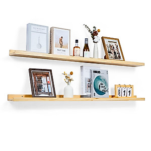 tonchean Floating Shelves 49 inch Pine Wooden Shelf with Ledge, 2 Pcs Long Floating Shelf with Lip for Wall, Picture Shelf for Living Room Bedroom Kitchen