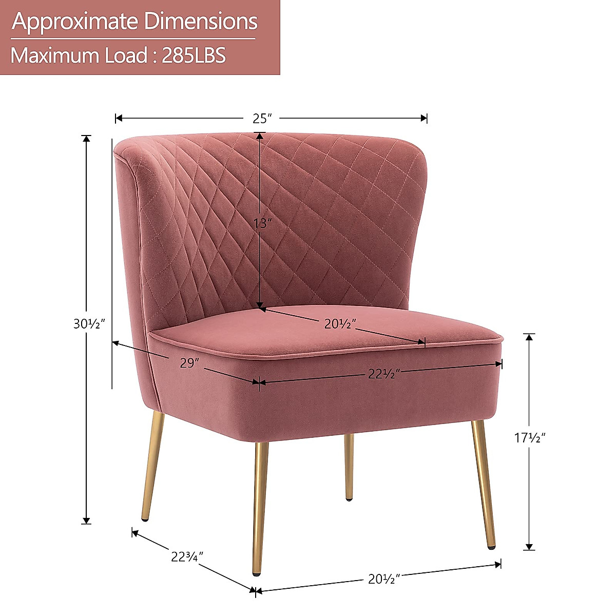 DUHOME Velvet Accent Chair, Armless Slipper Chair, Vanity Chairs Makeup Chair with Back, Upholstered Sofa Chair with Golden Legs Barrel Chair for Living Room, Bedroom Pink