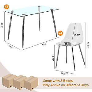 Ufurpie 5 Piece Dining Room Table Set, 51" Glass Kitchen Table & 4 Clear Chairs,Clear Dining Table Sets w/Chrome Legs, Pre Assembled Modern Glass Dining Table Set for 4(Silver)