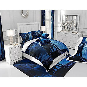 Moon Howling Wolf Bedding Set Twin Size,3D Wolf Duvet Cover Set Kids Boys Girls Room Decor,Waterfall Wild Animal Moonlight Comforter Cover 2Pcs,Blue Dark Night Nature Bedspreads Cover,1 Pillowcase