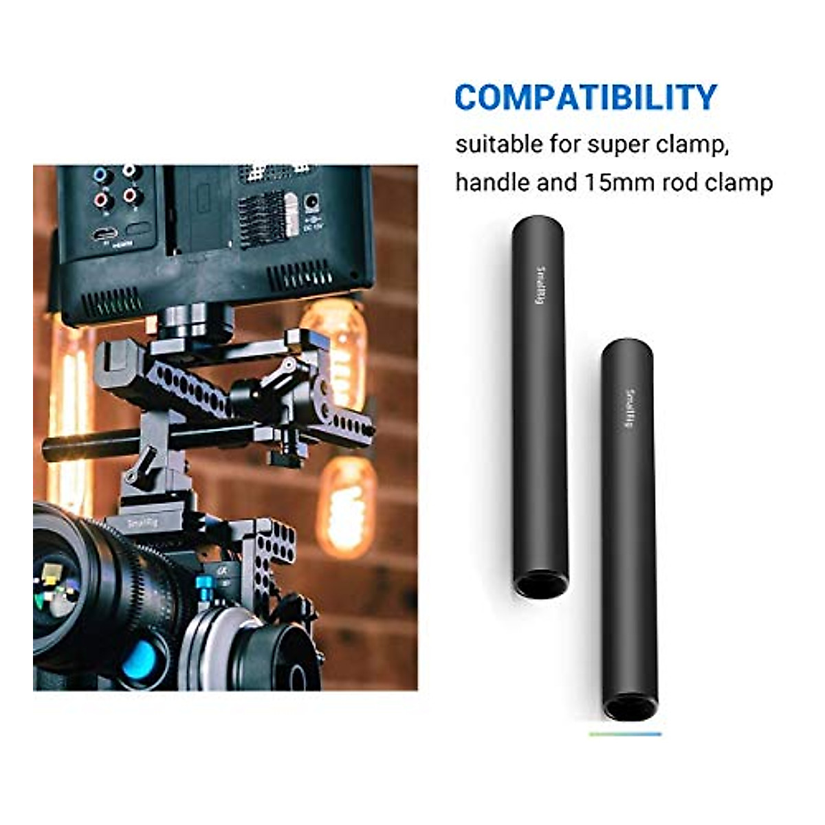 SmallRig 15mm Camera Rods (4 inch) 15mm Rail Rod Support System 15mm, Monitor Mount, 15mm LCD Mount, Follow Focus, Matte Box - 1049