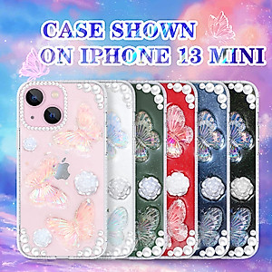 Goocrux (4in1 Case for Apple iPhone 13 Mini Butterfly Glitter Handmade Sequin Sparkle Pretty for Women Girls Clear Design Crystal Sparkly Cute Girly Phone Cases+Chain+Camera Cover+Screen Protector