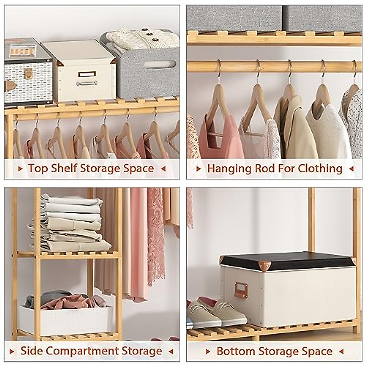 UDEAR Garment Rack Bamboo Clothes Rack for Hanging Clothes,Clothing Racks Storage Organizer with 2 Rods,5 Shelves and 2 Hooks,Multi-Functional Wardrobe Closet